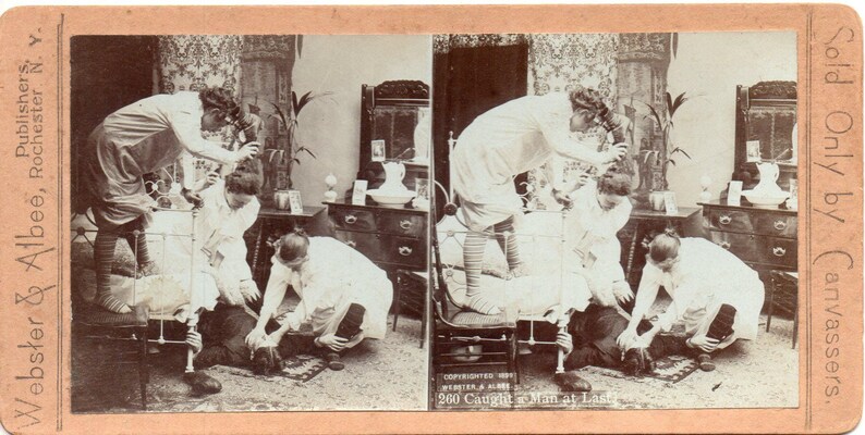 1899 Risque Girls in Nightgowns Catch Man Under Bed. Stereoview Photo ...