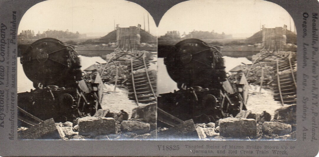 WW1 Blown up Train Bridge, Red Cross Train Wreck. Stereoview Photo ...