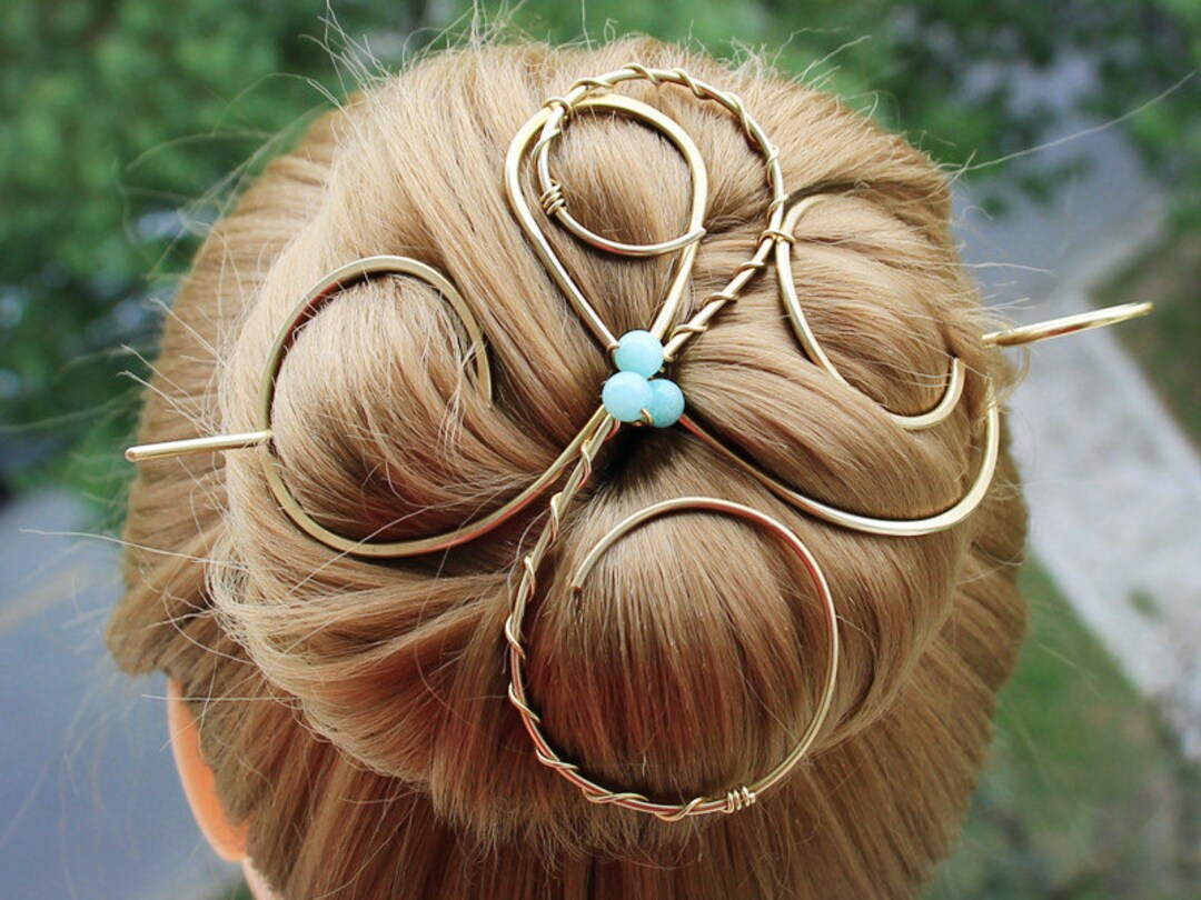 Brass Hair Bun Holder, Wire Wrapped Lazulite Beads, Hair Slide Pin - Etsy