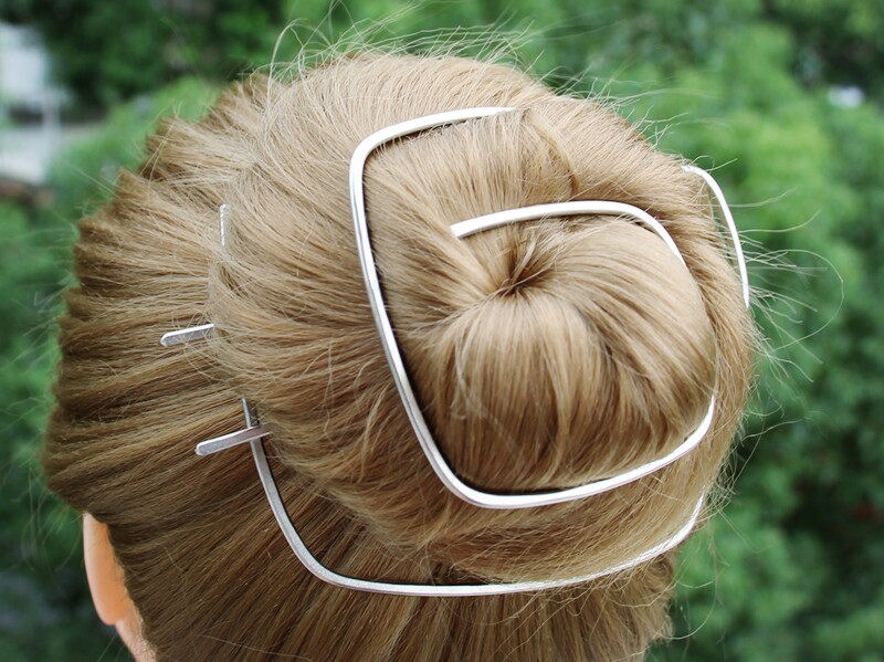 Silver Bun Holder Square Hair Fork Hair Bun Cage Modern | Etsy
