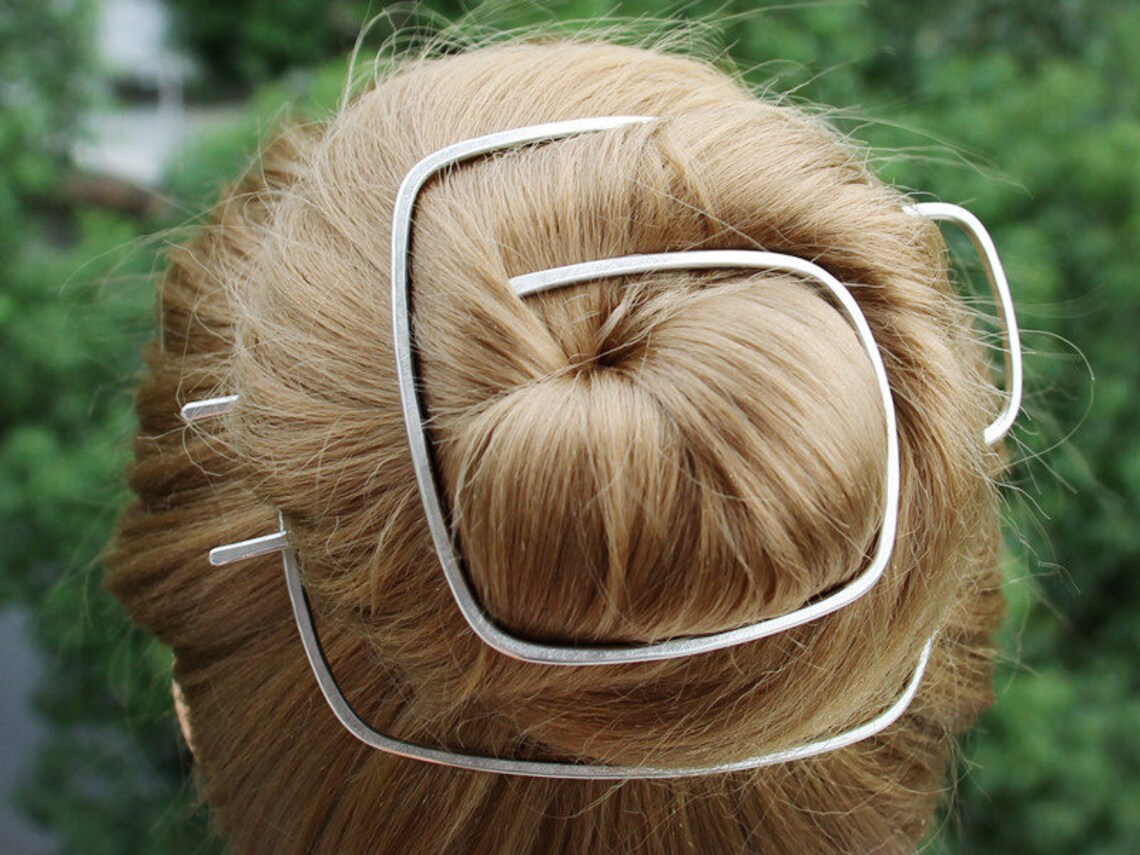 Silver Bun Holder Square Hair Fork Hair Bun Cage Modern | Etsy