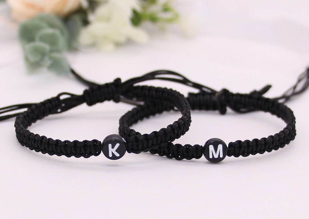 Set of 2 Black Initial Couple Bracelets, Boyfriend Bracelets ...
