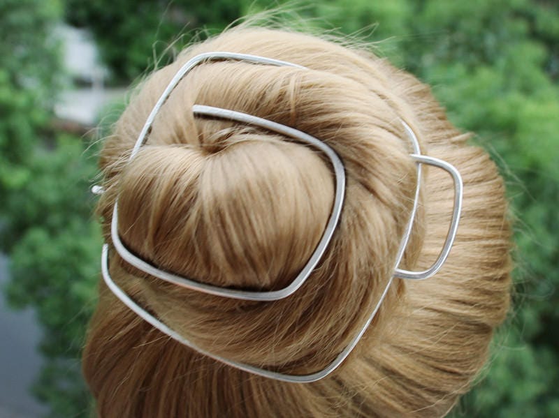 Silver Bun Holder Square Hair Fork Hair Bun Cage Modern | Etsy