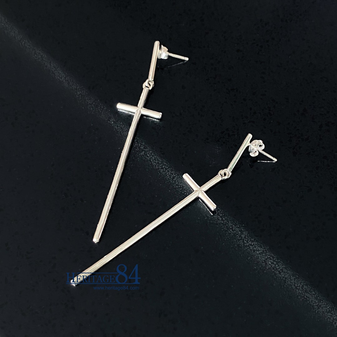 Long Cross Earrings in Sterling Silver, Cross Ear Stud, Unisex Cross ...