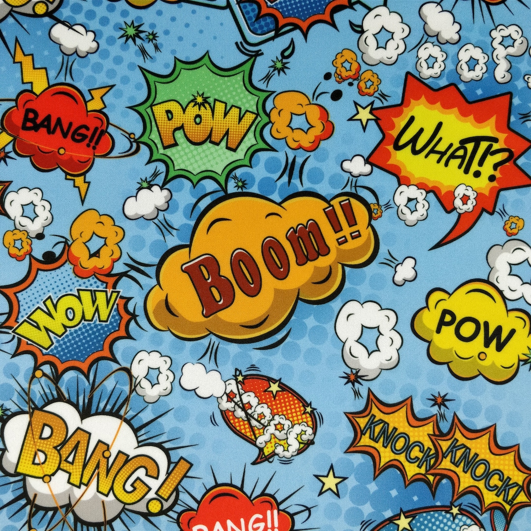 Comic Print Fabric | Blue Bubble Novelty- Boom Bang Pow | Jersey Scuba ...