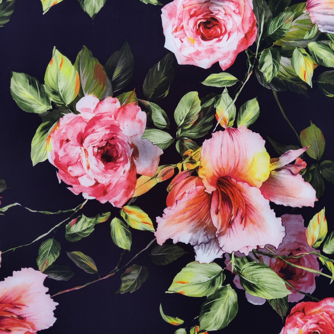 FS752 Peached Black Floral Flower Print on High Quality Silky - Etsy