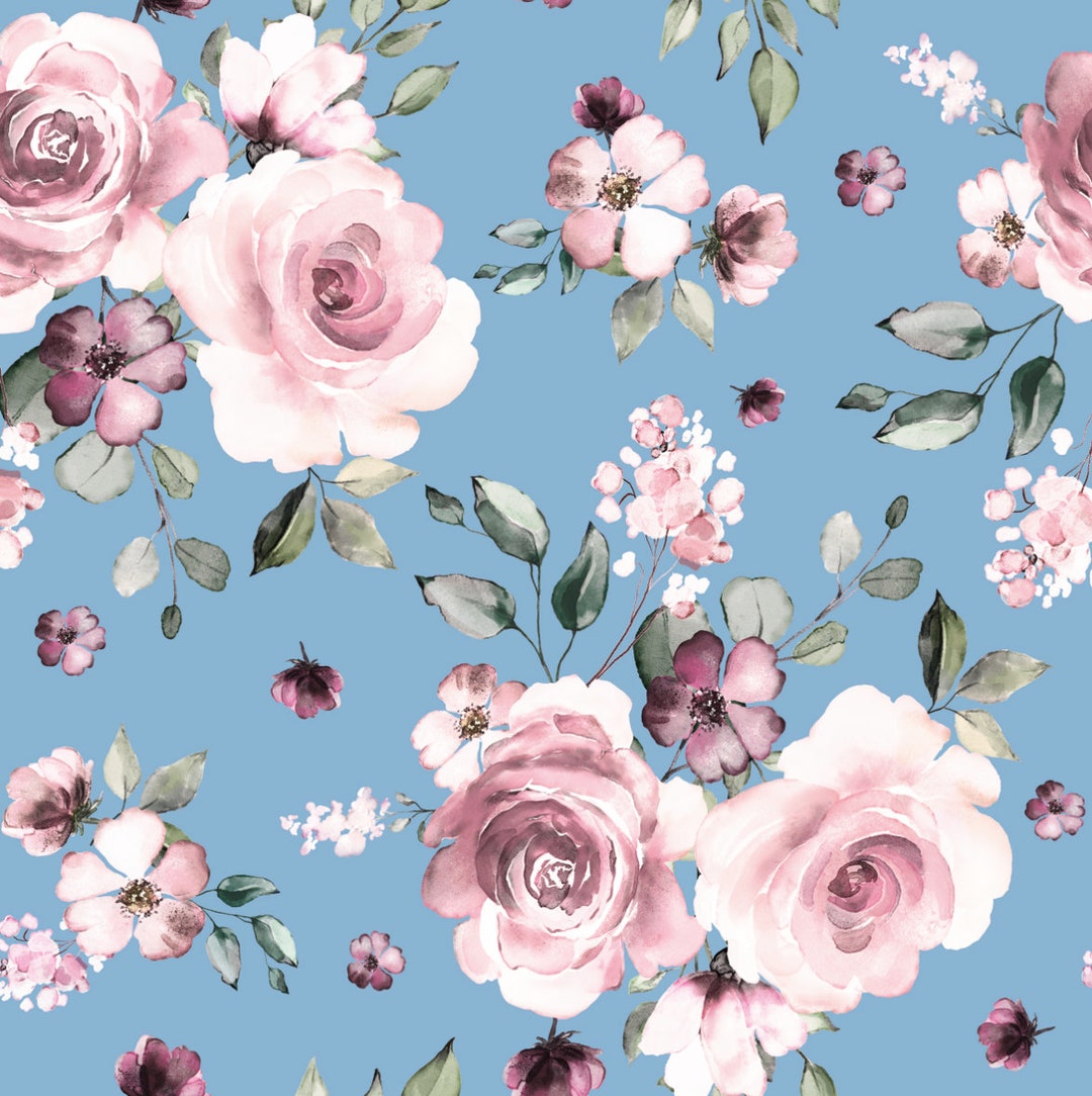 Blue Botanic Floral Jersey Fabric Flowers Print on Dress Making ...