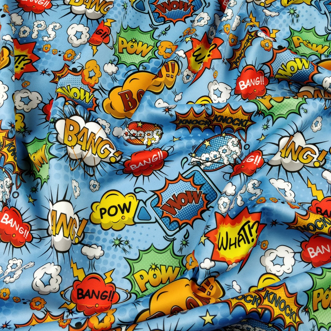 FS161 Light Blue Comic Boom Bang Pow Knock What Oops Wow Print High ...