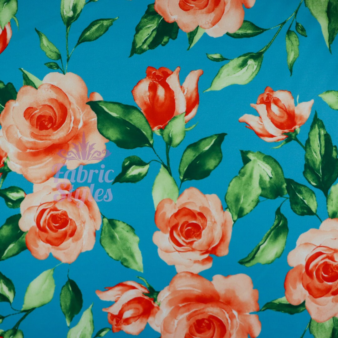 Rosemary Floral Jersey Fabric | Blue Peach Flowers Print Stretchy Scuba ...
