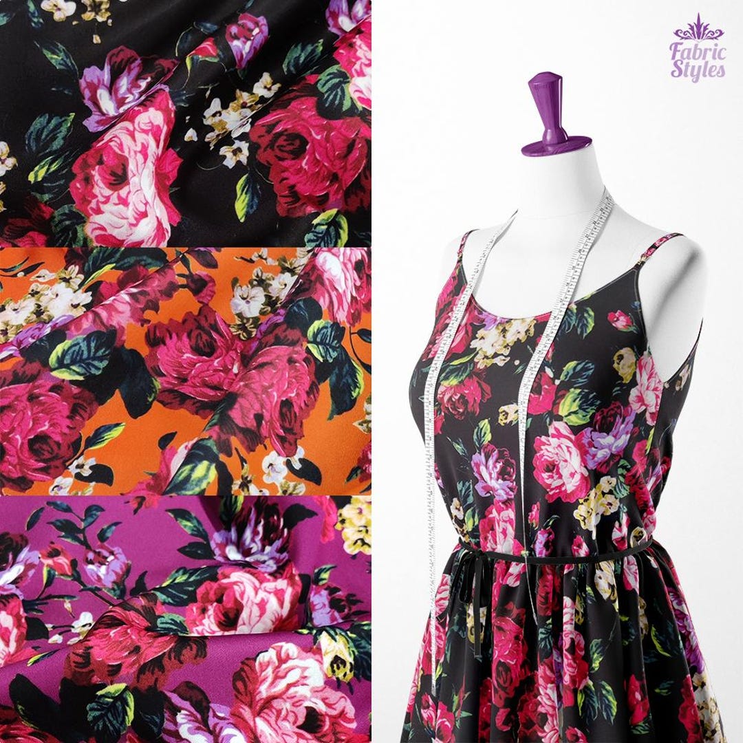 Rose Floral Jersey Scuba Fabric | 2-way Stretch | Black, Purple, Orange ...
