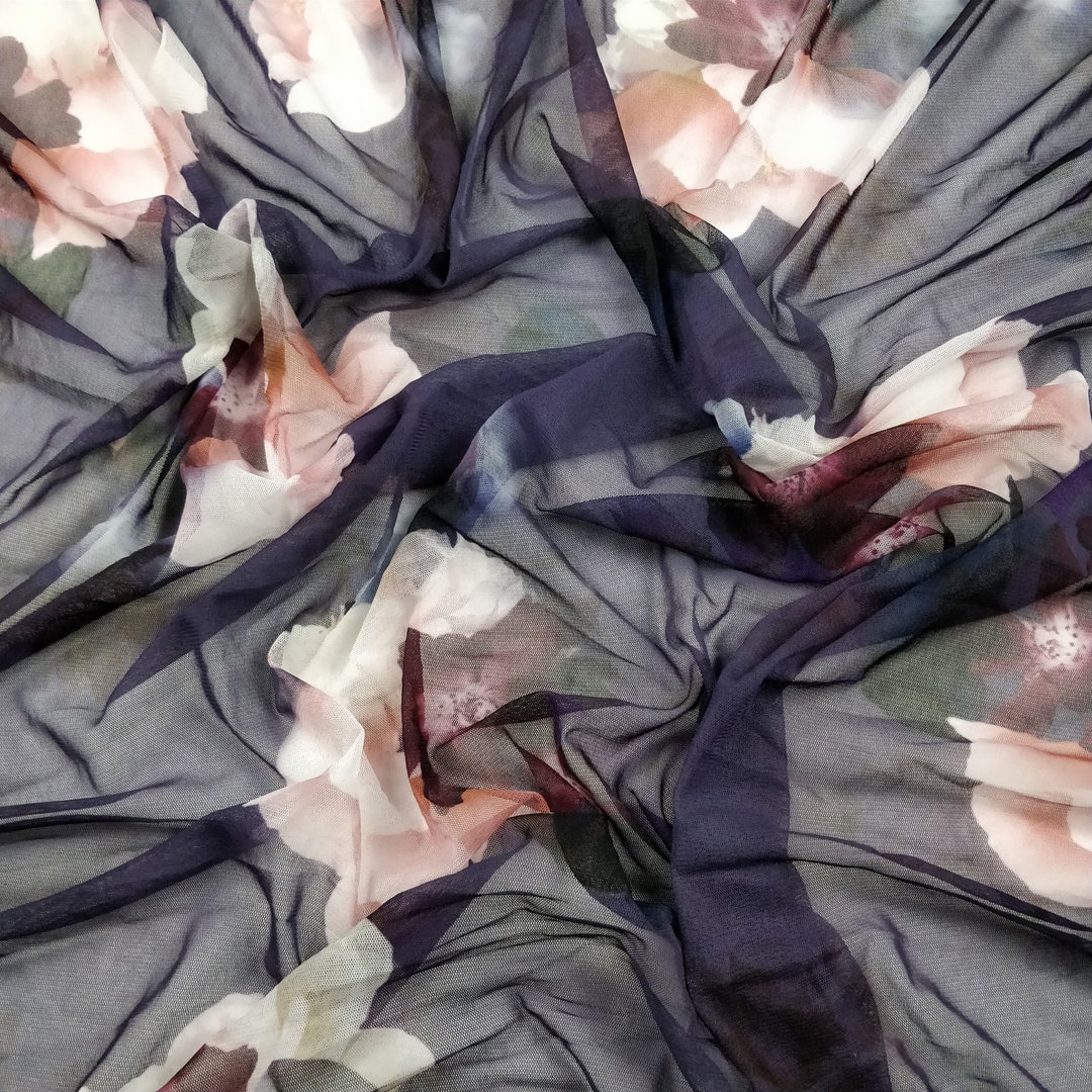 FS221 Navy Floral Print on High Quality Power Mesh Fabric Net Stretch 4 ...