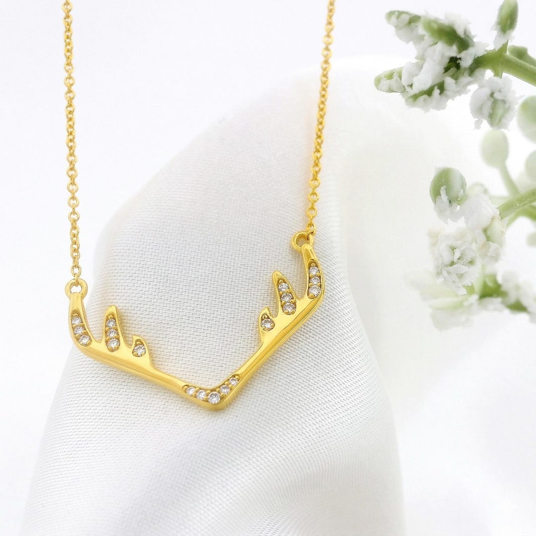 14K Gold Diamond Antler Necklace, Solid Yellow Gold Nature Necklace ...