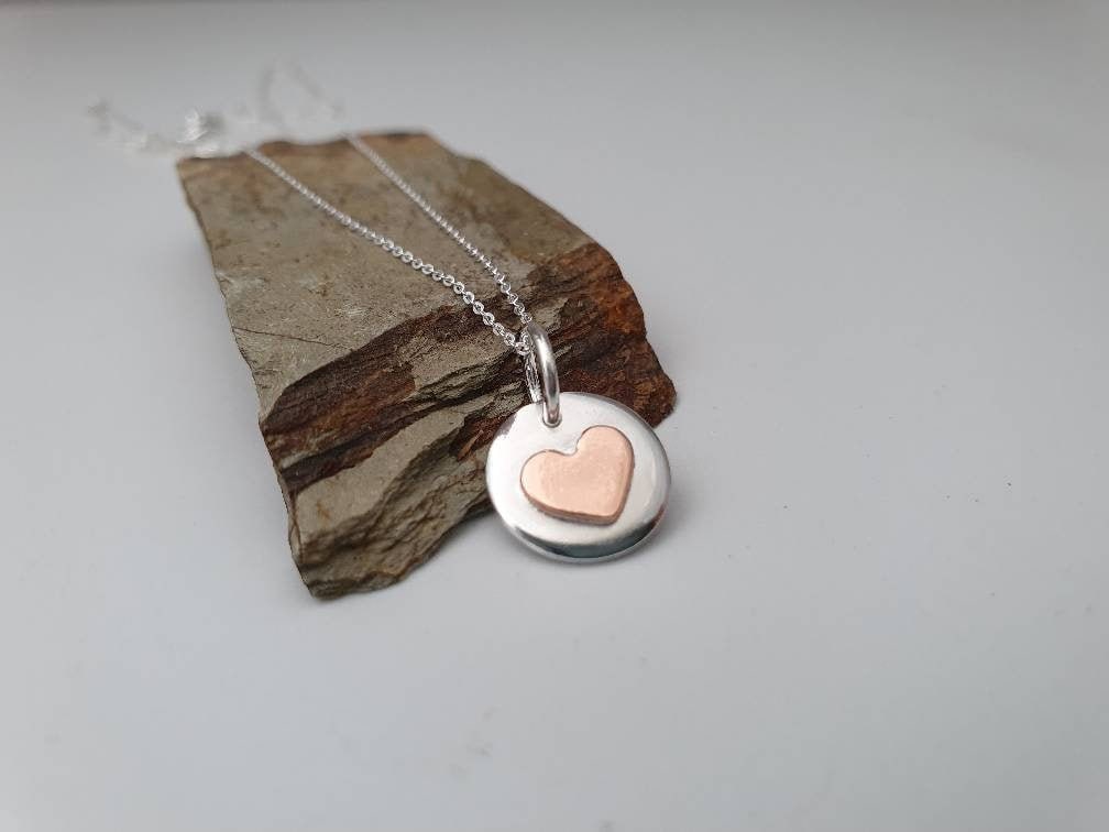 Mixed Metal Heart Necklace, Copper Heart Necklace, Silver Necklace ...
