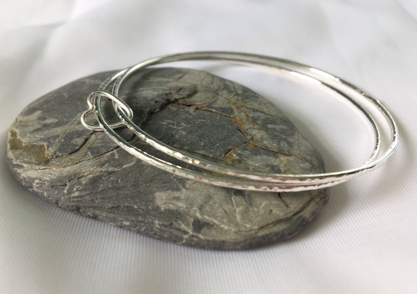 Sterling Silver Bangle Set Heart Charm Bangles Silver - Etsy UK