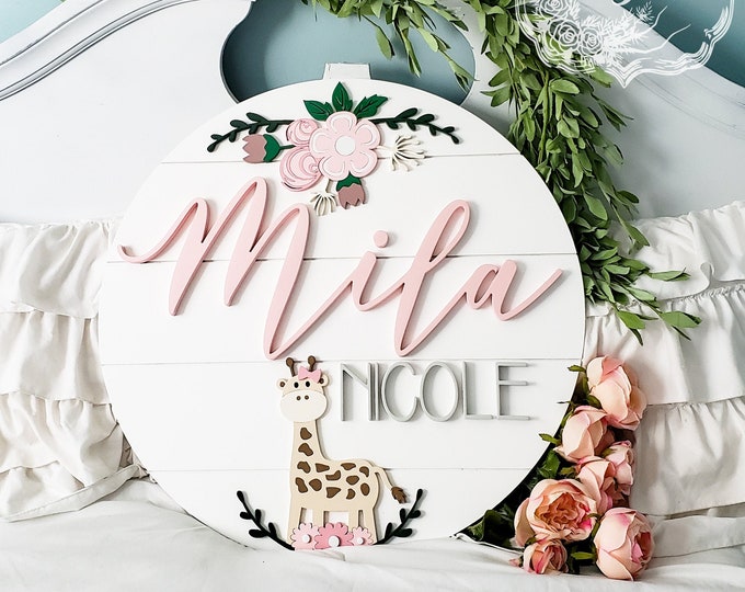 24" Giraffe With Animal Flowers on Shiplap Backboard Nursery Name Sign ...