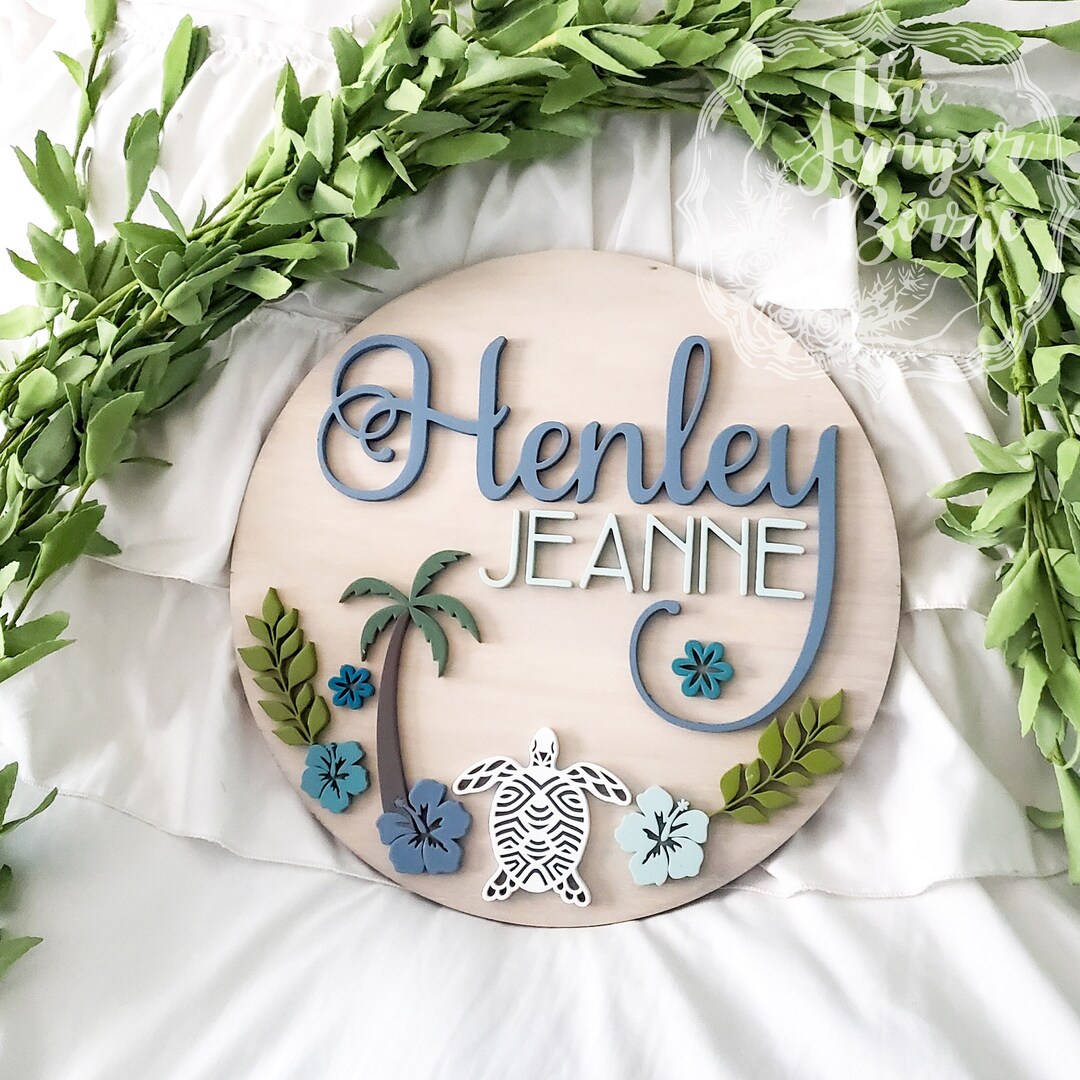 12 Round Hawaiian Tropical Floral Backboard Turtle Name Sign Custom ...