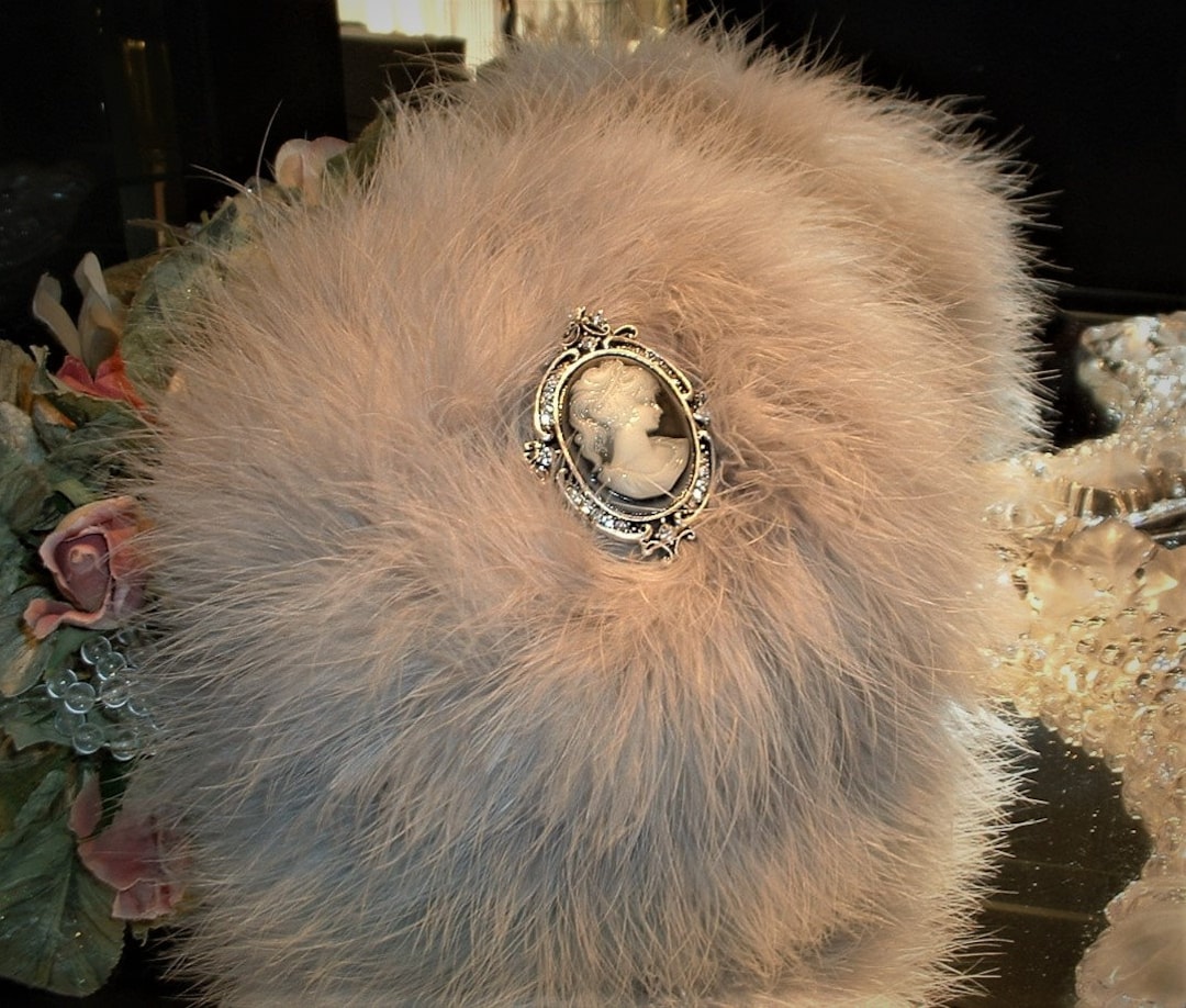 Powder Puff ~ Body Dusting Powder Puff ~ Ivory Fur Puff Trimmed in Silver / Gray Marabou ~ Cameo ...
