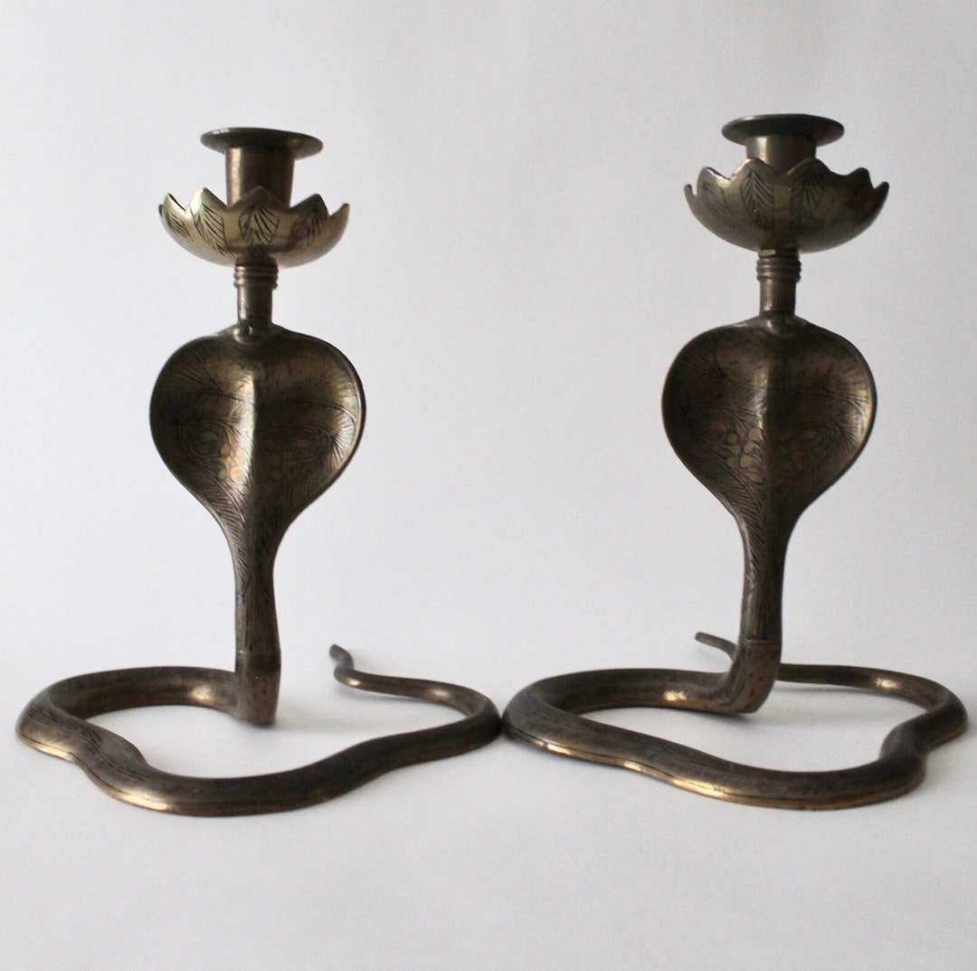 Vintage Pair Cobra Snake Brass Candlestick Holders. Coiled Snake Brass ...