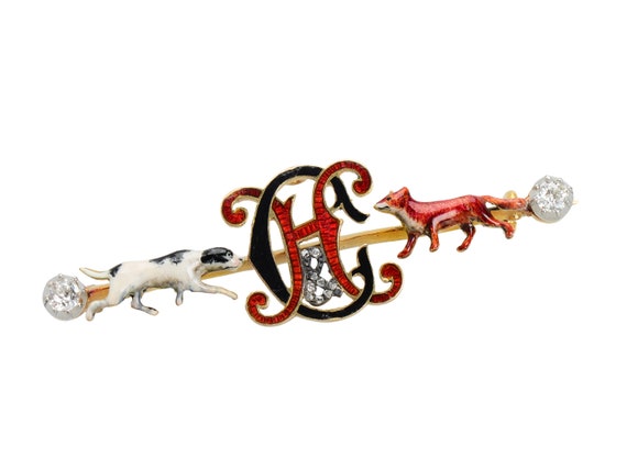 Victorian Fox & Dog Animals Enamel Diamond Gold Brooc… - Gem