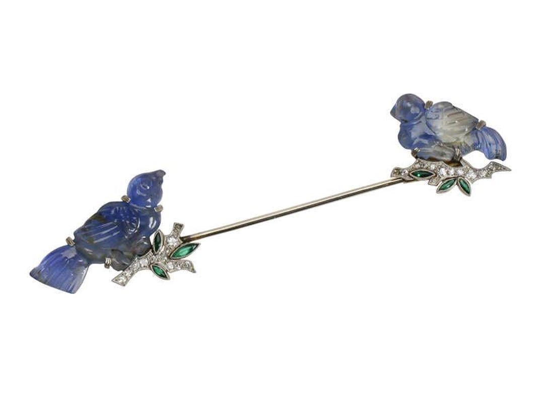 Art Deco Carved Sapphire Bird Motif Jabot Brooch - Etsy