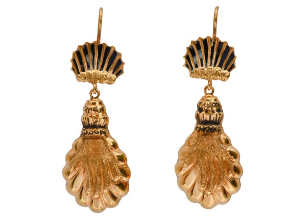 Victorian Sea Shell & Hand Black Enamel Dangle Earrin… - Gem