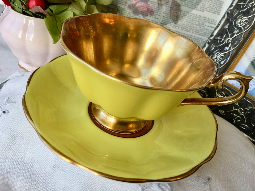 Teacup and Saucer With Gold Interior, Royal Albert Yellow Avon Shape ...