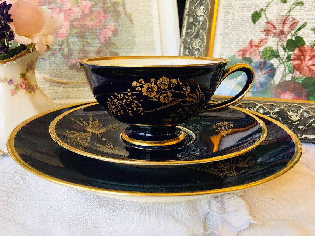 Echt Cobalt Blue and Gold Teacup, Saucer, Plate , Linder Krups Germany ...
