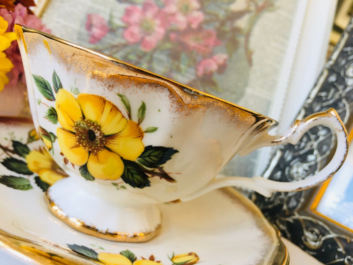 Queen Anne Avon Shaped Yellow Roses Teacup and Saucer Heavy - Etsy