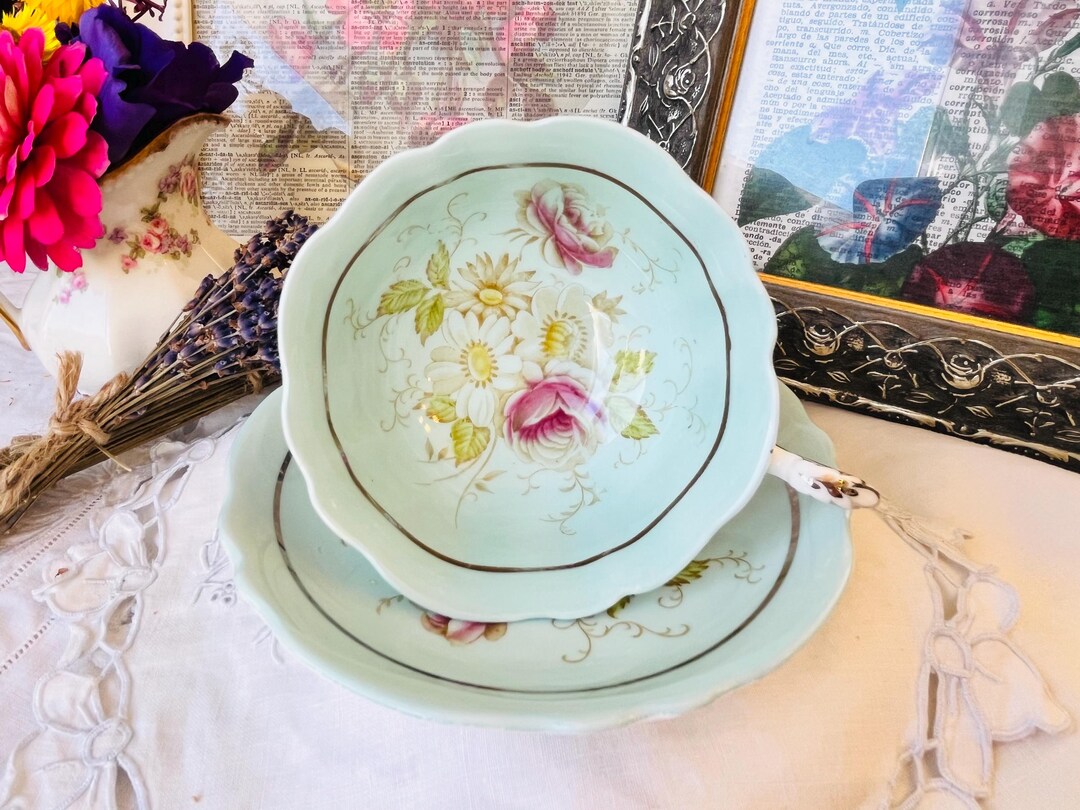 Blue Paragon Teacup and Saucer With Large Pink Cabbage Rose, Double ...