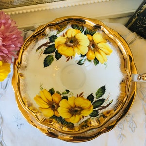 Queen Anne Avon Shaped Yellow Roses Teacup and Saucer, Heavy Gold Trim ...