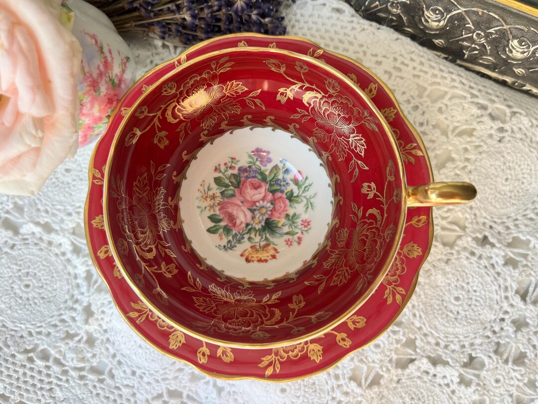 Foley Red and Gold Teacup and Saucer, Pink Rose Floral - Etsy