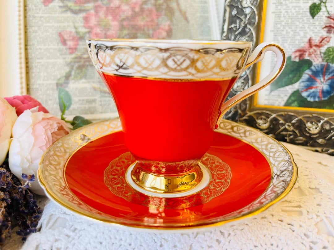 Royal Stafford Red Teacup and Saucer, Gold Foot and Handle, English Tea ...