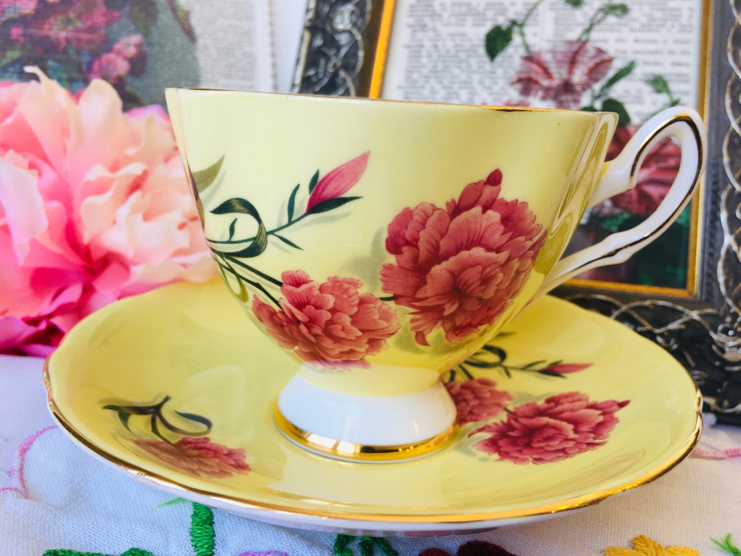 Queen Anne Pink Carnations Tea Cup and Saucer With Yellow Background ...