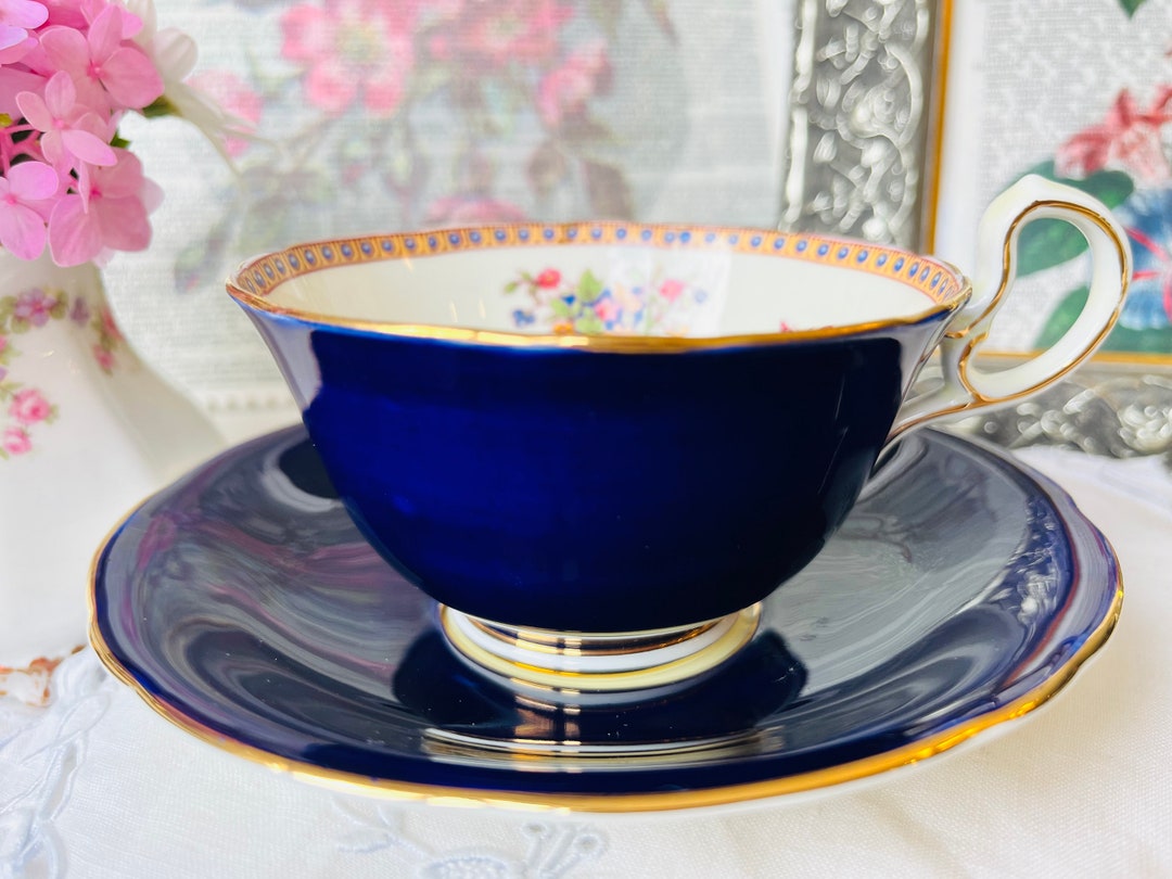 Cobalt Blue Aynsley Floral and Butterflies Tea Cup and Saucer, Vintage ...