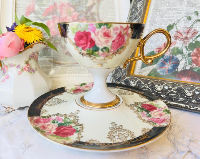 Shafford China Occupied Japan Pedestal Footed Teacup and Saucer, Black ...