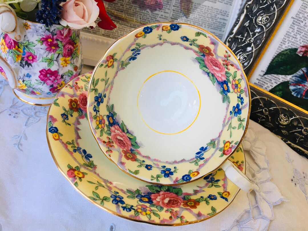 Aynsley Roses and Wildflowers Tea Cup and Saucer Pink and Yellow Floral ...