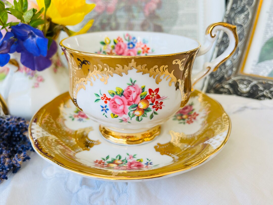 Gold Paragon Teacup and Saucer, Pink Rose Panels With Gold Filigree ...