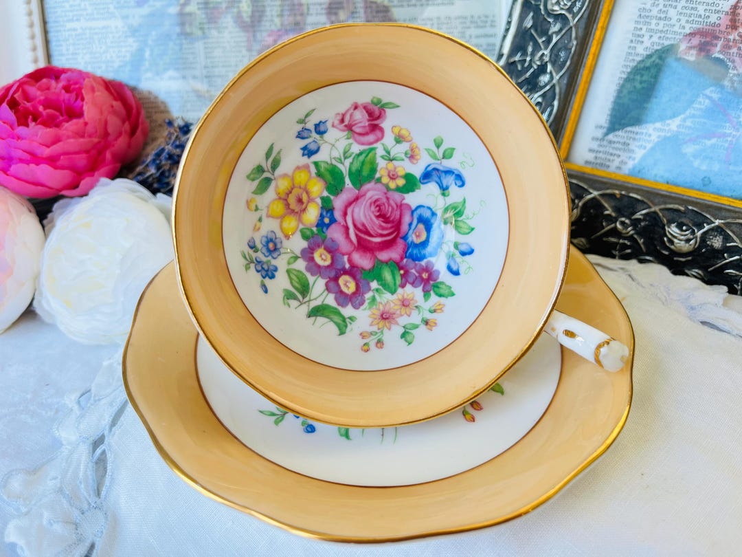 Queen Anne Peach Floral and Gold Teacup and Saucer, English Tea Set ...