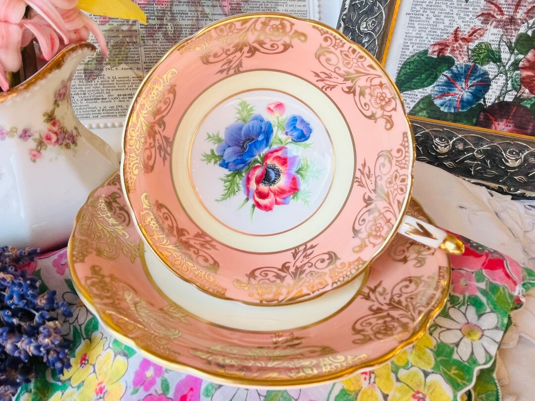 Vintage Paragon Tea Cup and Saucer, Pink Anemone Floral, Heavy Gold ...