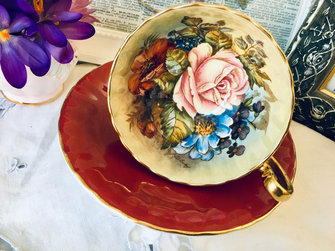Aynsley J.A. Bailey Cabbage Roses Teacup and Saucer in a Red Oban Shape ...