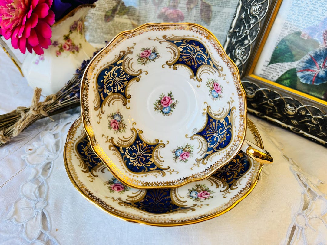 Cobalt Blue and Gold Paragon Teacup and Saucer, Pink Cabbage Rose ...