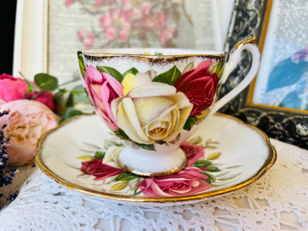 Queen Anne Lady Sylvia Teacup and Saucer With Red Pink and White Roses ...