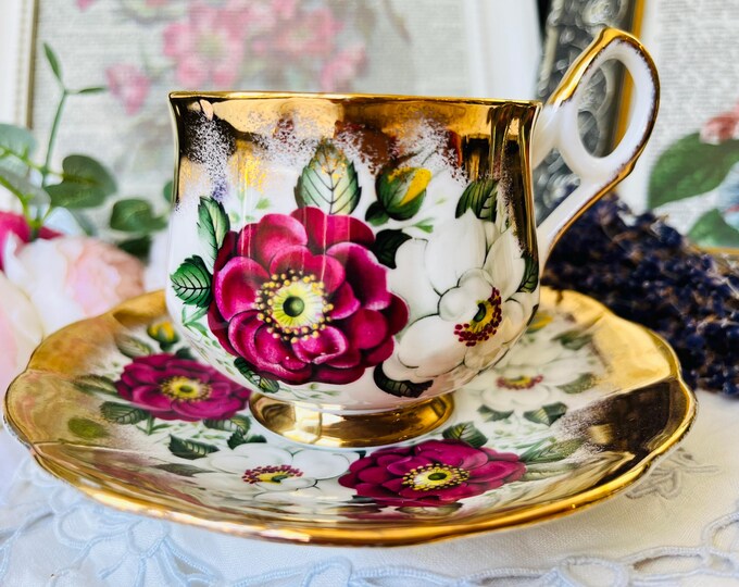 Heavy Gold and Red and White Wild Roses Teacup and Saucer, English Tea ...