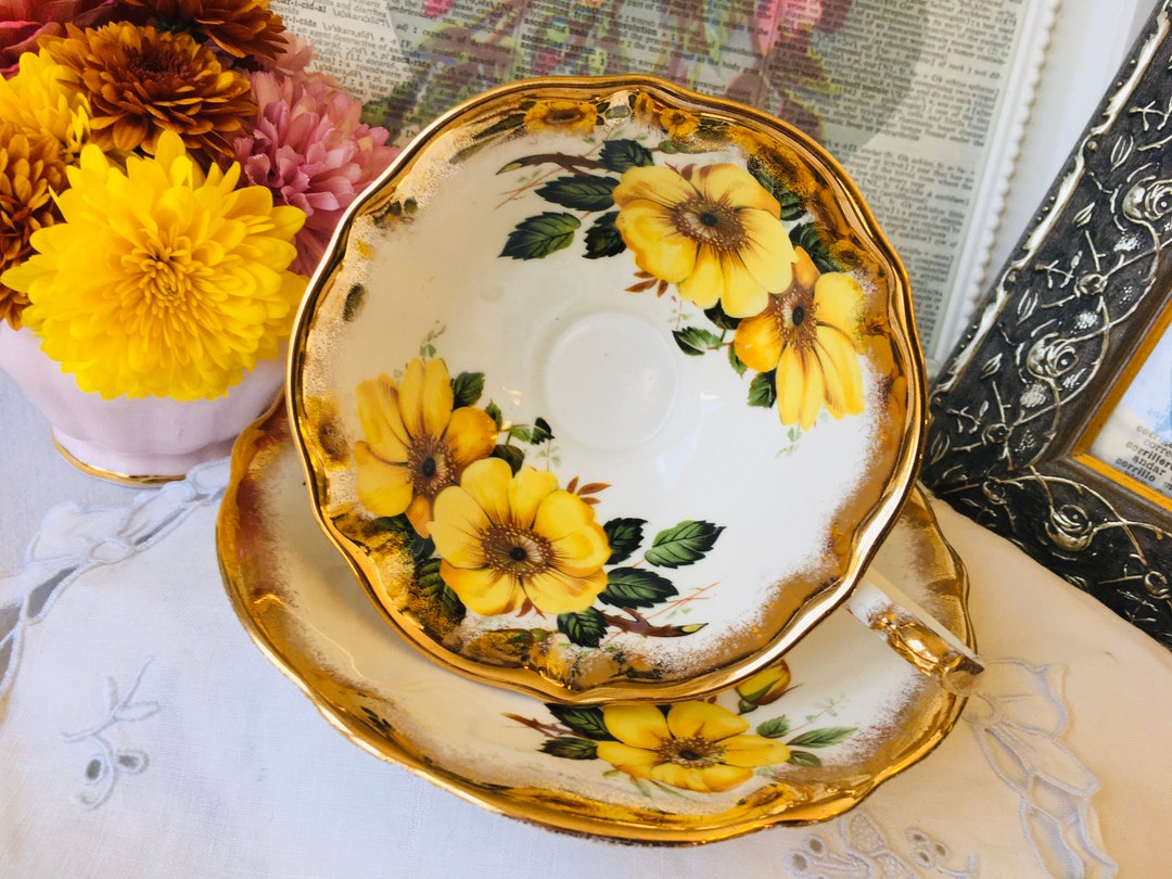 Queen Anne Avon Shaped Yellow Roses Teacup and Saucer, Heavy Gold Trim ...