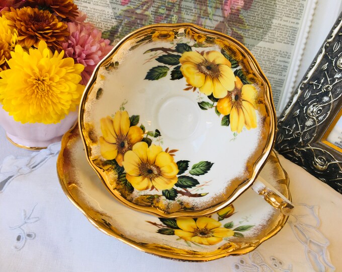 Queen Anne Avon Shaped Yellow Roses Teacup and Saucer, Heavy Gold Trim ...
