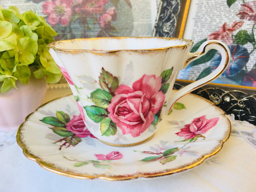 Pink Cabbage Rose Tea Cup and Saucer in Fluted Shape, Royal Stafford ...