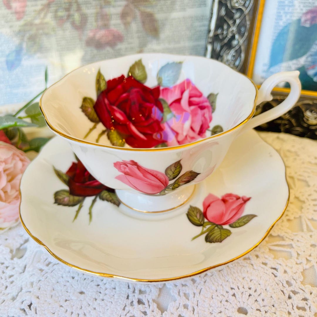 Royal Albert Pink and Red Cabbage Roses Teacup and Saucer in an Avon ...