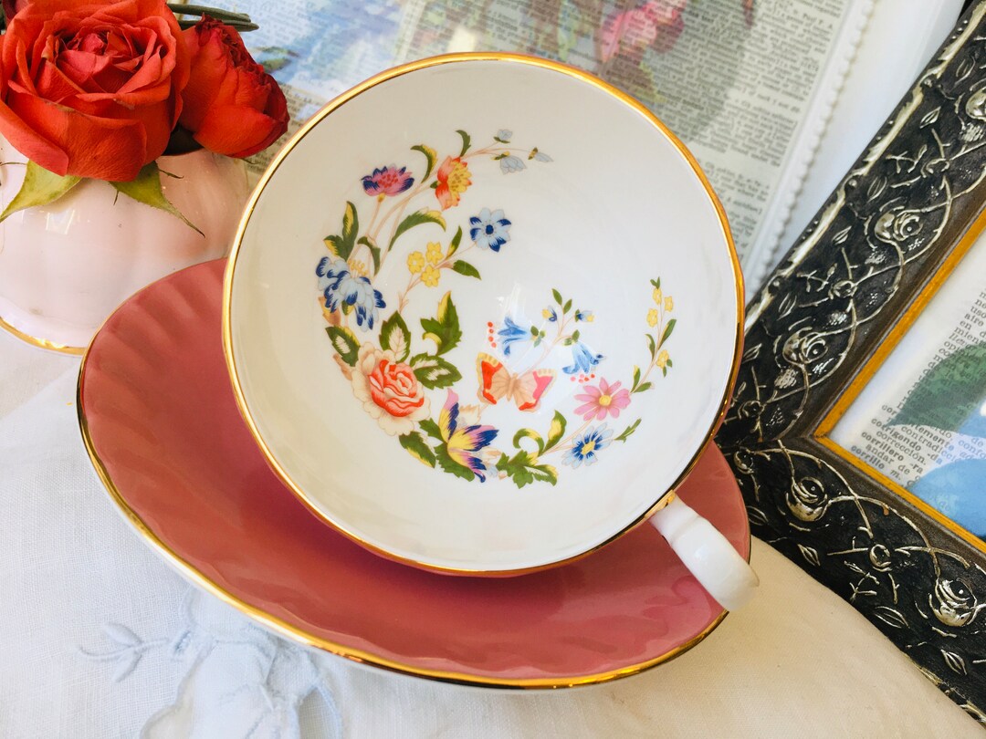 Aynsley Pink Cottage Garden Butterfly Tea Cup and Saucer, Vintage ...