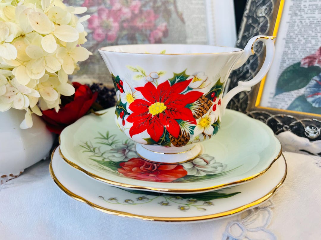 Vintage Mismatched Tea Set, Poinsettia Teacup, Royal Albert Yuletide ...