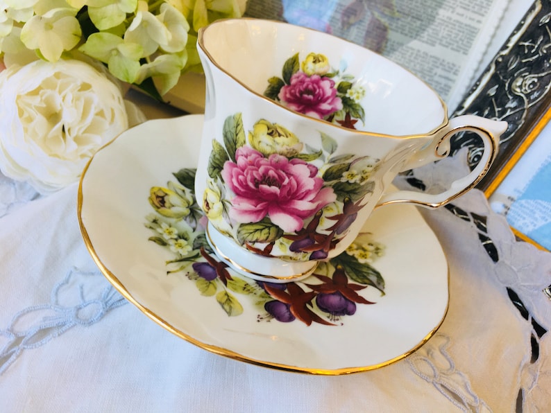 Elizabethan Flowers of the Season Large Pink Rose and Floral Teacup and ...